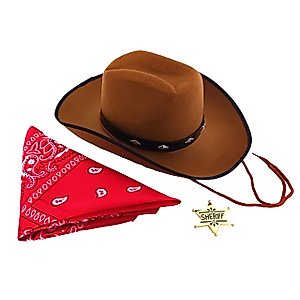 Children's Cowboy, Sheriff Theme Costume Dress Up Set For Boys and Girls - Cowboy Hat, Bandana and Gold Sheriff Badge (Brown)