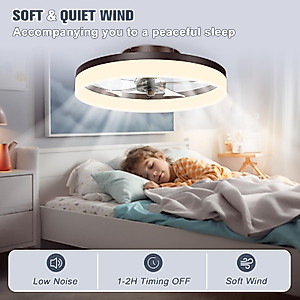 VOLISUN Low Profile Ceiling Fans with Lights and Remote, 19.7in Fandelier Ceiling Fan Flush Mount, 3000K-6500K Smart Bladeless LED Fan Light, Brown Modern Ceiling Fans with Lights for Bedroom