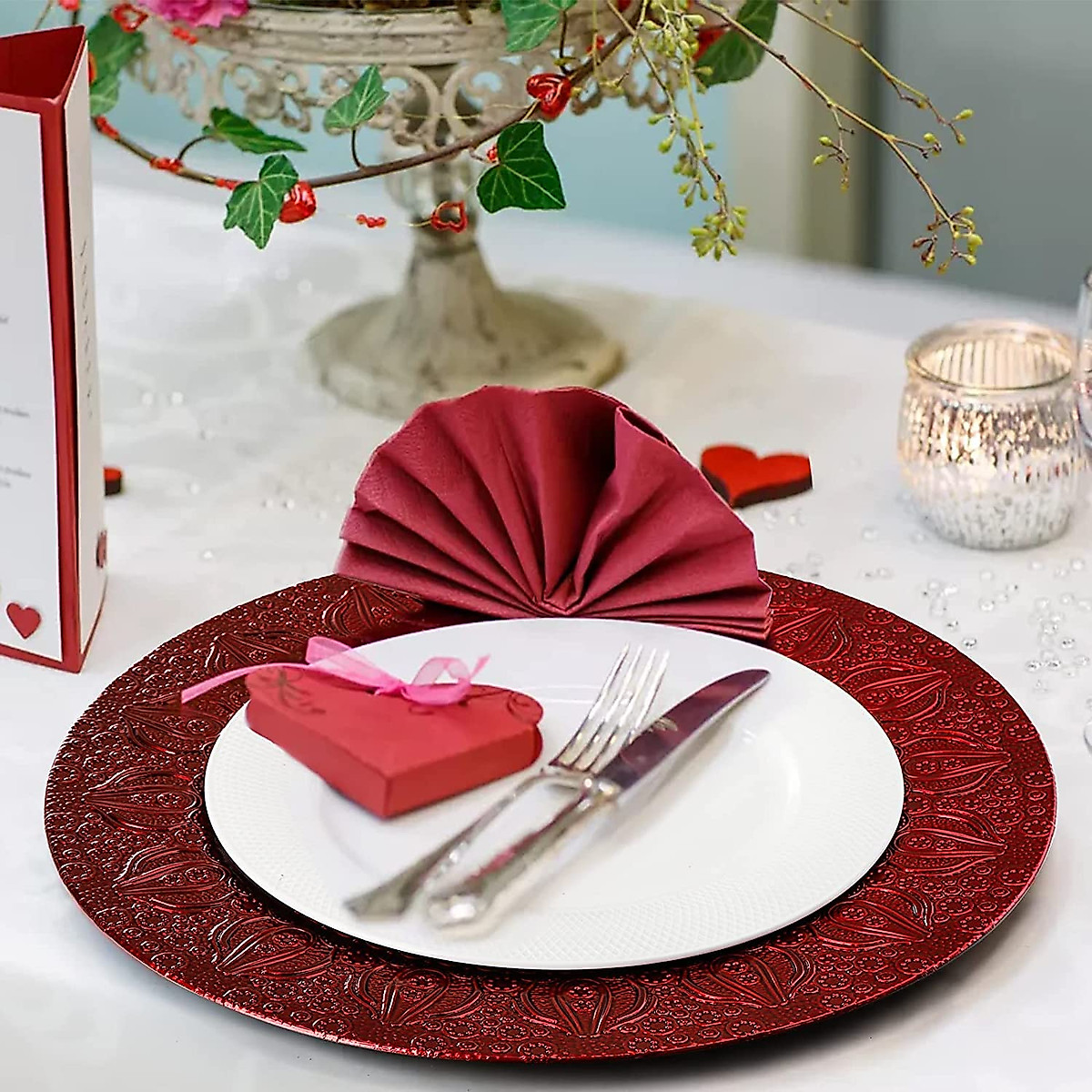 Hacaroa Set of 12 Plastic Round Charger Plates, 13 Inch Red Chargers for Dinner Plates, Antique Wedding Chargers for Table Setting, Holiday, Catering Event, Embossed Patterns