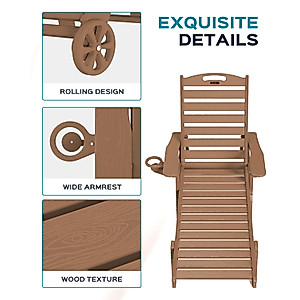 Lounge Chair Outdoor, Oversized Chaise Lounge Chair with 5 Positions, HDPE, Patio Lounge Chair with Wheels & Cup Holder for Pool, Deck, Poolside, Teak