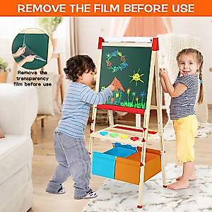 Kids Wooden Easel with Paper Roll, Fixget Upgrade Double-Sided Whiteboard & Chalkboard Standing Easel, Art Easel with Numbers Magnetic Accessories Art and Craft Set Painting Drawing Gifts for Toddler