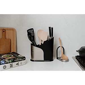 Umbra Furlo, Expandable Kitchen Utensil Holder, Multi-Functional Caddy Organizer with Divider and Extra Storage, Ideal for Keeping Knives and other Utensils Instantly Accessible, Black/Stainless Steel