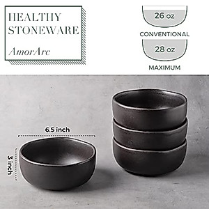 AmorArc Stoneware Cereal Bowls for Kitchen, 28oz Large Ceramic Soup Bowls Set of 4 for Meal, Chip-Resistant Kitchen Bowls with Wavy Rim, Reactive Glaze-Matte Black