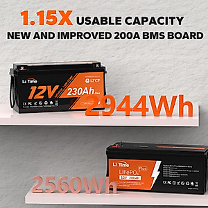 LiTime 12V 230Ah Plus Low-Temp Protection LiFePO4 Battery Built-in 200A BMS, Max 2944Wh Energy, Lithium Iron Phosphate Battery Perfect for Trolling Motors, Yacht, Marine, Boat, RV, Home Energy