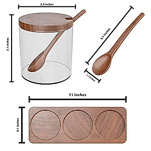 Essos Round Glass and Wood Condiment 3 pc Jars Set with spoon Tray Sugar Food Storage Containers with Wood Lids and Wooden Spoon for Coffee Spice Storage Container
