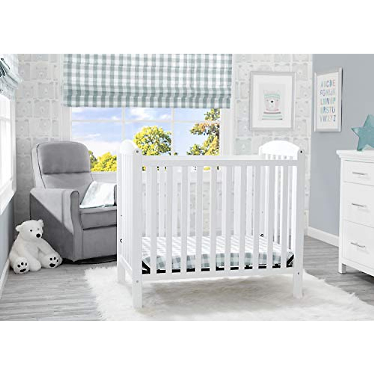 Delta Children Emery Mini Convertible Baby Crib with 2.75-inch Mattress, Bianca White