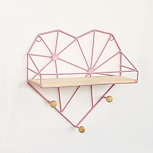 Metal Wall Floating Shelf Hanging Shelf Wall Decor Shelving Storage Organizer with 3 Hooks Heart Shaped Shelf Wall Storage Shelves for Farmhouse,Bedroom,Living Room, Kitchen,Bathroom Decor (Pink)
