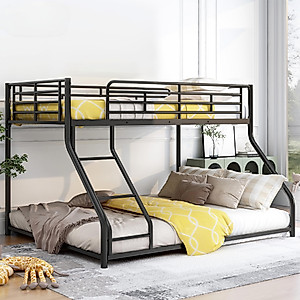 FRANSOUL Full XL Over Queen Size Bunk Bed, Heavy Duty Metal Bunk Bed Frame with Inclined Ladder & Safety Guardrail, Low Metal Floor Bed for Teens Youths Adults, Space Saving & Noise Free