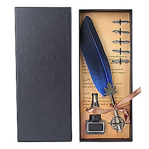 Joyzan Quill Pen, Calligraphy Pen Set Antique Feather Pen Vintage Signature Pen 5 Stainless Steel Replacement Nibs and Pen Holder Office School Supplies(Blue)