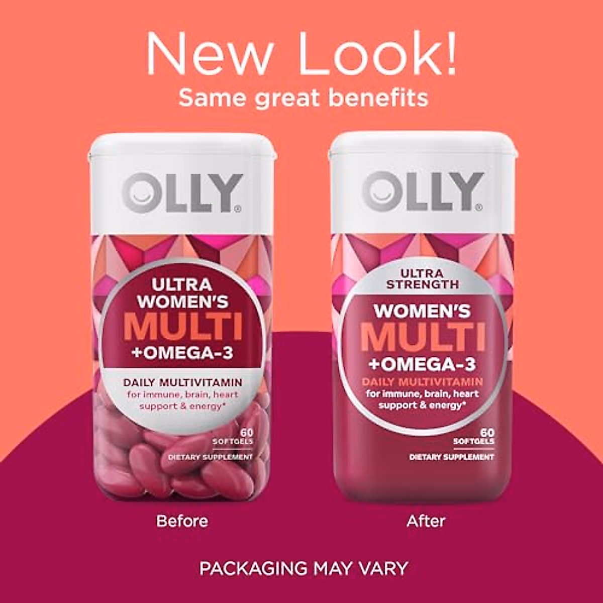OLLY Ultra Women's Multi Softgels, Overall Health and Immune Support, Omega-3s, Iron, Vitamins A, D, C, E, B12, Daily Multivitamin, 30 Day Supply - 60 Count