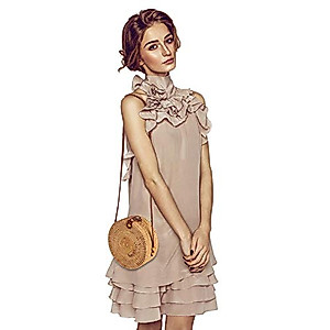 Forart Handwoven Round Rattan Bag Shoulder Leather Straps Natural Chic Circle Handbag Crossbody Bags(Ship from USA)