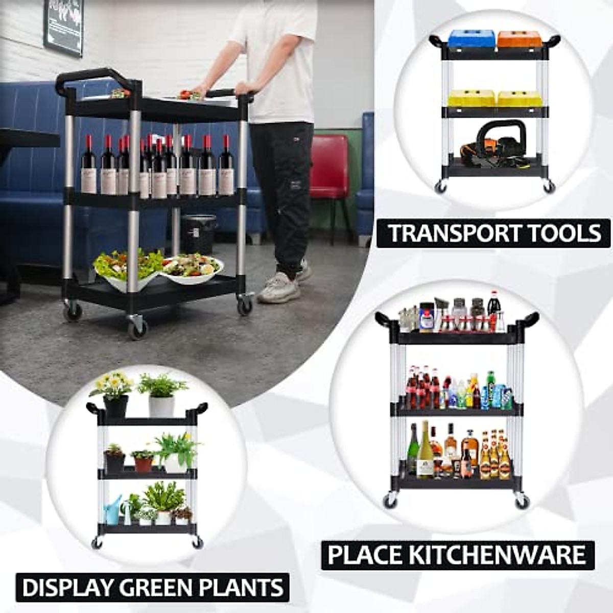 PELOEMNS Plastic Utility Carts with Wheels, Heavy Duty 480lbs Capacity Rolling Service Cart, 3-Tier Restaurant Food Cart with Hammer for Office, Warehouse, Garage (Lockable Wheels, Black)