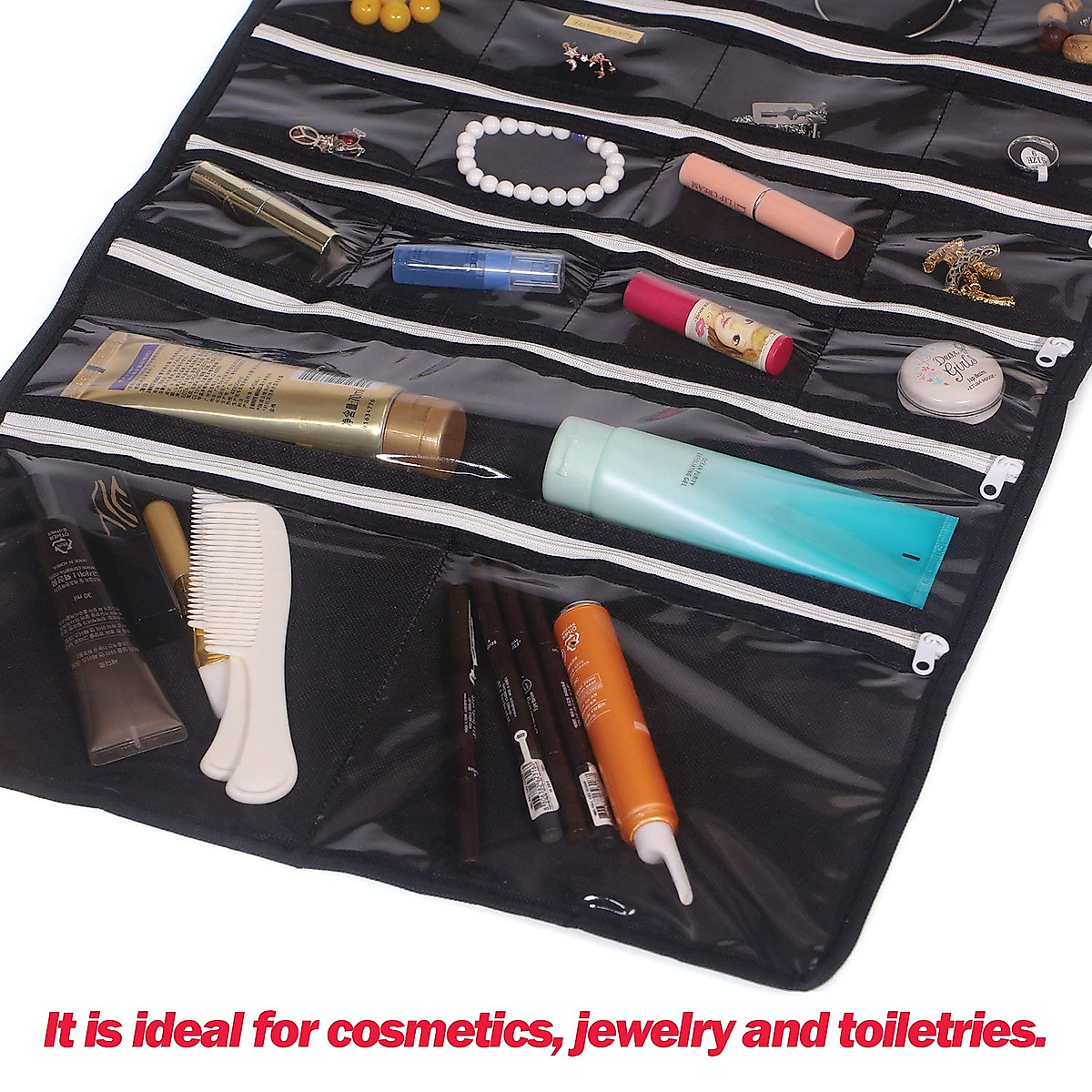 DIOMMELL Hanging Jewelry Organizer 47 Pockets with Zipper for Earrings Necklace Bracelet Ring Accessory Display Storage Bag Travel Holder Box