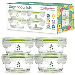 Sage Spoonfuls Glass Baby Food Containers with Lids - 4 Pack, 7 oz Baby Food Jars, Durable, Leakproof & Airtight, Freezer Storage, Reusable Glass Baby Food Containers, Microwave & Dishwasher Safe