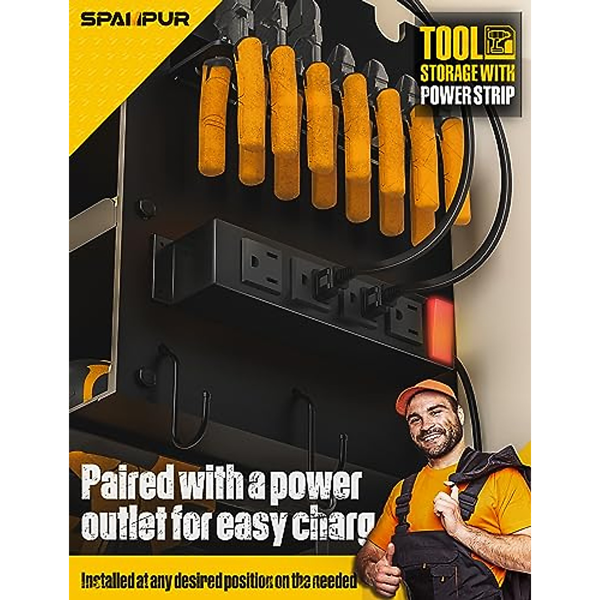 Power Tool Organizer Wall Mount with Charging Station, Garage Tool Shelf 6 Drill Holders, Tool Battery Holder with Screwdriver Heavy Duty Rack, Tool Storage Rack with 4 Outlet Power Strip