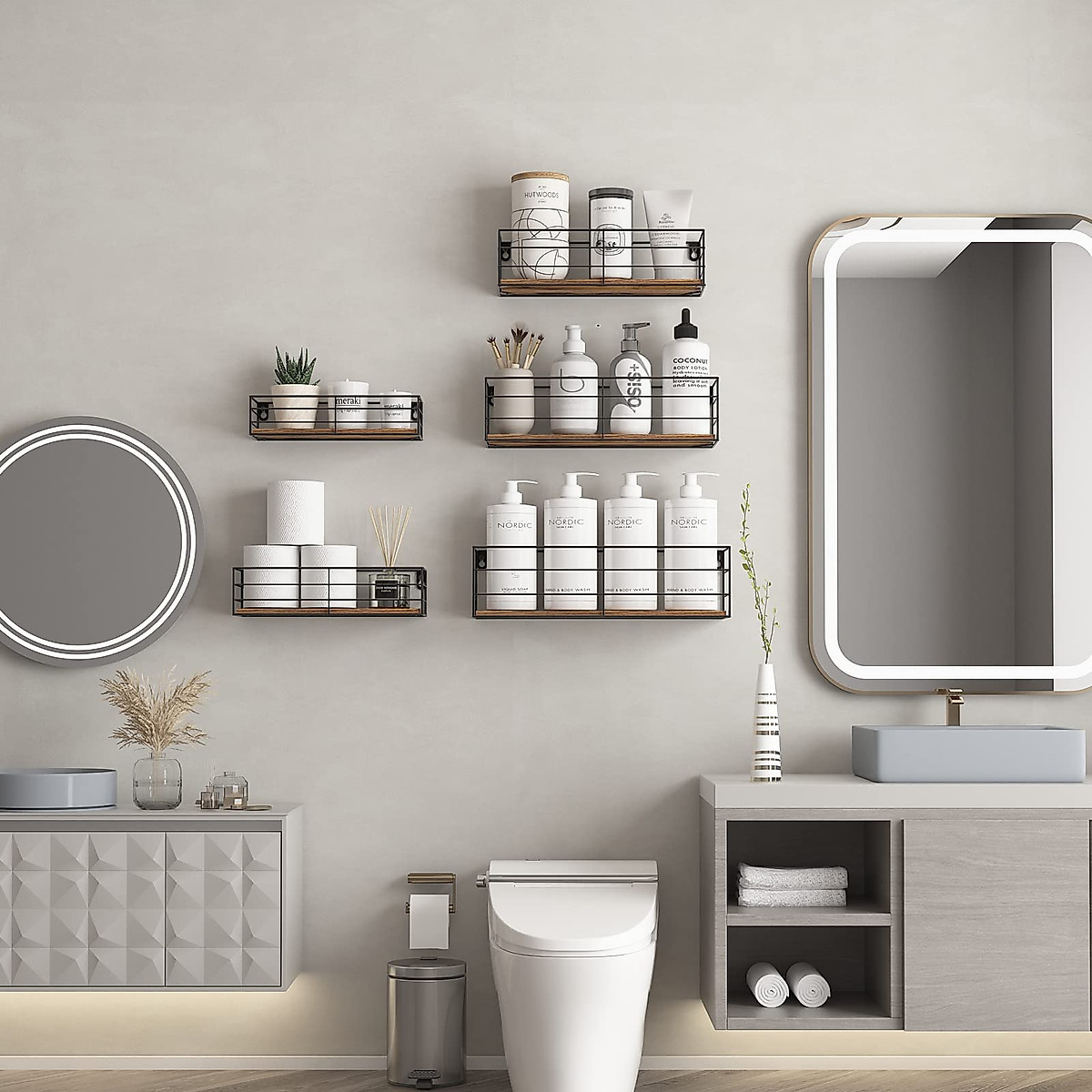 CRUGLA Floating Wall Shelves Set of 5, Wall Mounted Bathroom Shelves, Hanging Storage Shelf for Bathroom, Kitchen, Bedroom, Living Room