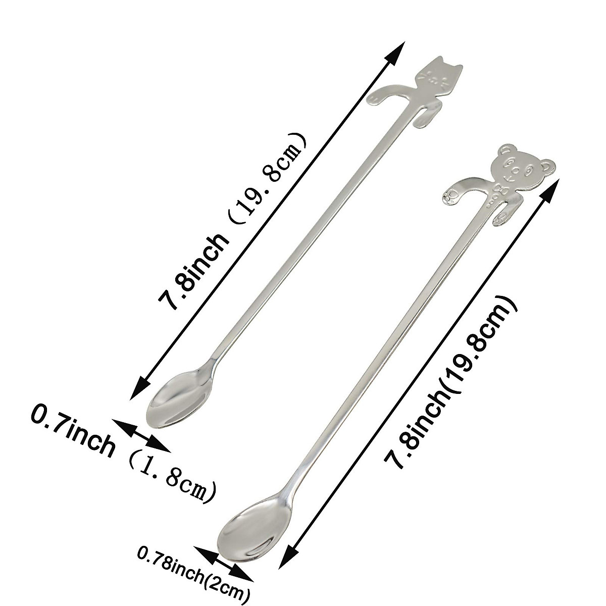 Maydahui 4PCS Cat Spoon Bear Coffee Tea Spoon Long Handle 7.8 inch 18/10（304）Stainless Steel Hanging Coffe Mixing Cocktail Stirring Animal Spoons Scoops for Mug