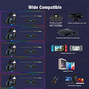 Gaming Headset for Xbox One, PS4, PC, Y-Team Gaming Headphone with Noise Cancelling Mic, 3D Stereo Surround Sound, Soft Earmuff, LED Light Compatible Mac, Laptop, Switch, PS3(Blue)