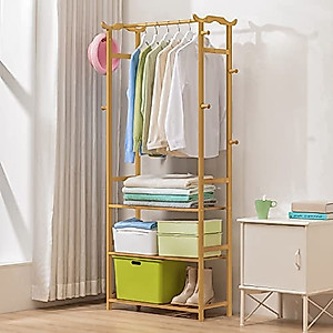 MoNiBloom Freestanding Garment Rack with Shelves and Hooks, Bamboo Tall 3 Tiers Clothes Racks Clothing Storage Shelving Unit for Bedroom Laundry Room Guest Room, Natural