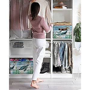 Storage Cubes Organizer with Handles, Aminal Sea Turtle Sea Horse Octopus Whale Storage Bins Collapsible Storage Baskets for Shelf Closet Nursery Cloth Organizers Box Ocean Underwater World Theme 1pcs