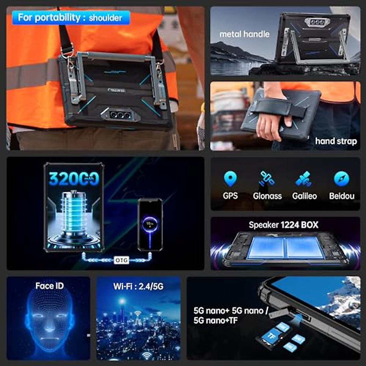 OUKITEL RT7 5G Rugged Tablet - 32000mAh Large Battery,24GB RAM+256GB ROM Android 13 Tablet,10.1 inch FHD+ Screen,48MP+32MP+20MP Night Vision Camera,IP68/IP69K Waterproof Tablet/WiFi/OTG/GPS Blue