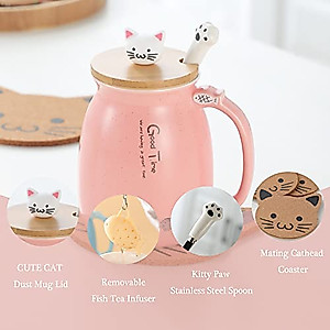 BigNoseDeer Cat Mug Cute Ceramic Coffee Mugs with Lovely Kitty Lid Cat Paw Spoon kawaii Coaster Novelty Tea Cup Pink Mug for Women Christmas Mug Mothers Day Gifts Birthday Gifts 380ML