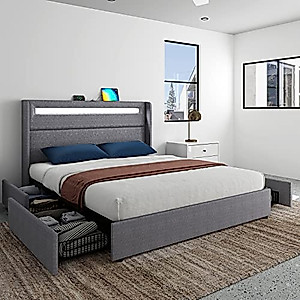 LUXOAK Queen LED Bed Frame with Wingback Headboard & 4 Storage Drawers, Upholstered Platform Bed with USB & USB-C Ports, App/Remote Control, Box Spring Optional, Light Grey…