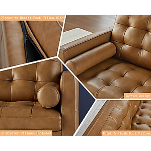 AMERLIFE Genuine Leather Sofa, Mid-Century Modern Leather Couch,3 Seater with Tufted Back, Comfy Sofa for Living Room-Brown Full Grain Leather Couch