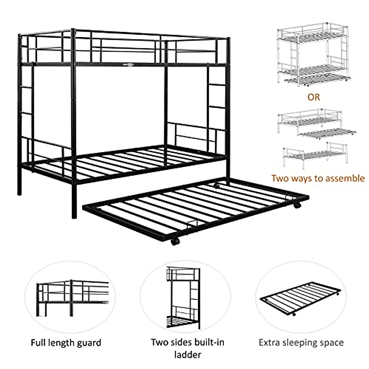CALABASH Twin Over Twin Metal Bunk Bed with Trundle Heavy Duty Twin Size Metal Bunk Beds Frame with 2 Side Ladders Convertible Bunkbed with Safety Guard Rails,No Box Spring Needed (Black)