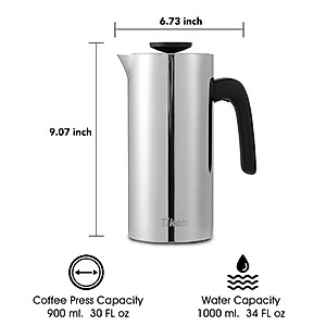 Tiken French Press Coffee Maker Stainless Steel Double-wall Vacuum Insulated Coffee Press Dishwasher Safe, 34Oz Silver