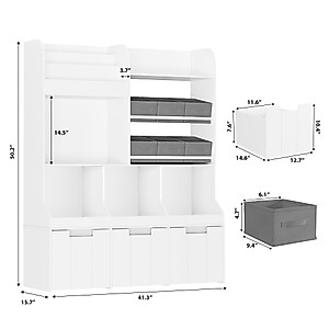 BOTLOG 50.2" Toy Organizers and Storage with Rolling Drawers, Kids Bookshelf and Toy Storage with 6 Fabric Drawers, Floor Storage Cabinet Toy Chest for Kids Room, Playroom, White, Modern