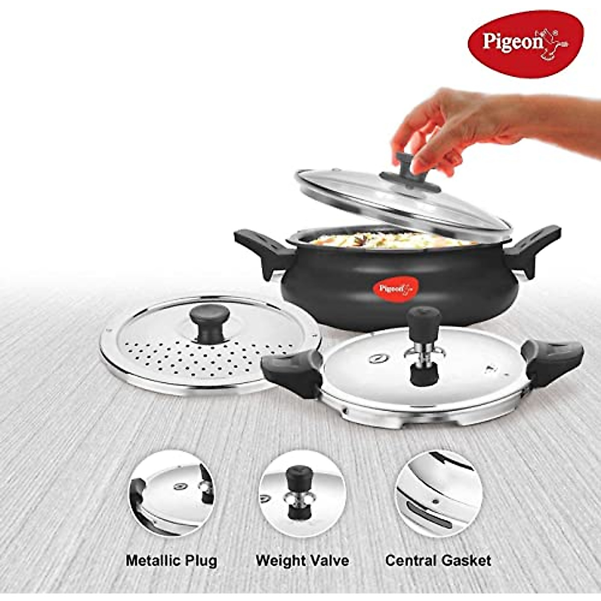 Pigeon 3.2 Quart All-In-One Super Cooker - Steamer, Cooking Pot, Pressure Cooker, Dutch Oven - For All Cooktops - Quick Cooking of Meat, Soup, Rice, Beans, Idli & more, Hard Anodized, (3 Liters)