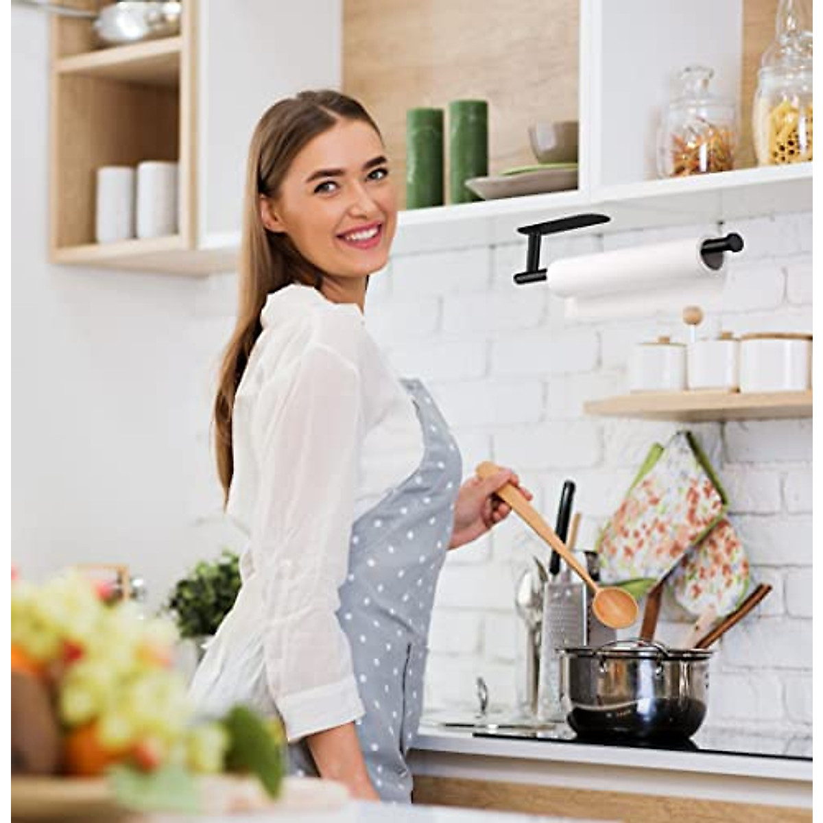 Paper Towel Holder Wall Mount,Paper Towels Rolls,13 Inch Self Adhesive or Drilling Black Paper Towel Holder Under Cabinet with Screws,Stainless Steel Paper Towel Holder