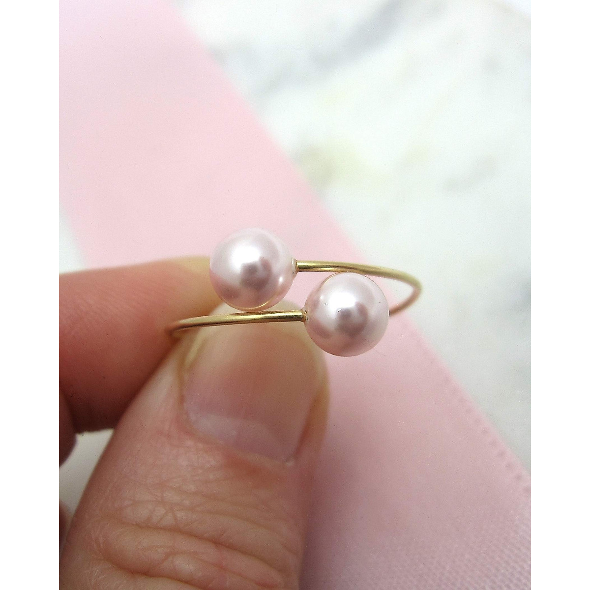 Pink Crystal Pearl Cuff Ring, Open Single Coil Bypass Ring, Sterling Silver 14K Gold-Filled Wire Band, Slides Over Arthritic Knuckles, Jewelry Inspirations