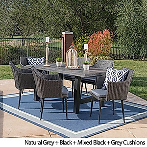 Christopher Knight Home Atina Outdoor Wicker Dining Set with Lightweight Concrete Table and Water Resistant Cushions, 7-Pcs Set, Natural Grey / Black / Mixed Black / Grey Cushions