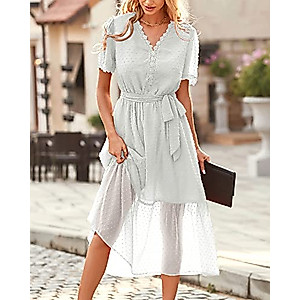 BTFBM Women 2023 Summer Boho Midi Dress Short Sleeve V Neck Swiss Dot Belted High Waist Ruffle Tiered A-Line Beach Dress(Swiss Dot White, Medium)