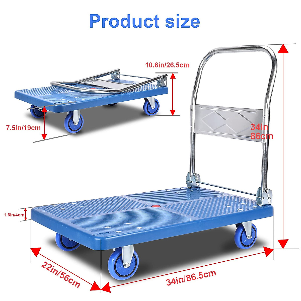 Heavy Duty Platform Hand Truck for Moving, Folding Flatbed Dolly with 360 Degree Swivel Wheels Foldable Push Hand Cart for Loading and Storage (L)