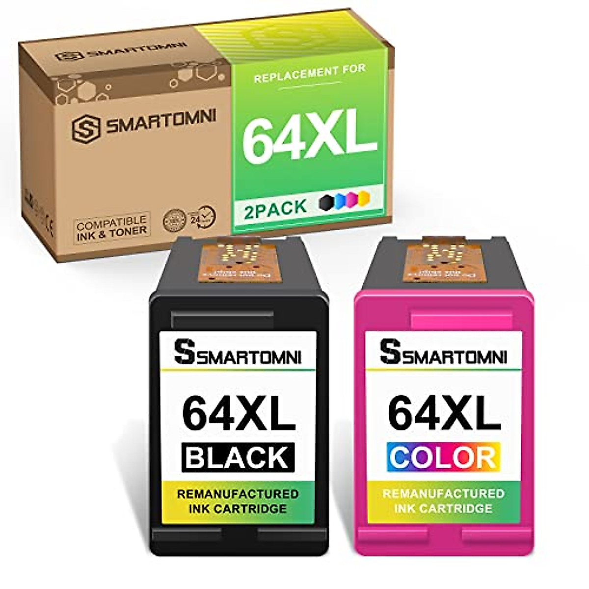 S SMARTOMNI Remanufactured 64XL Ink Cartridge Replacement for HP 64 XL 64XL Combo Pack for HP Envy 6222 6232 6255 6258 7130 7155 7822 7832 7855 7864 Series (2 Pack, Black Tri-Color)