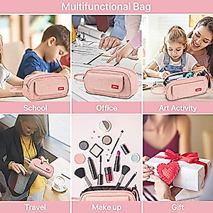 AOREGRE Pencil Case Big Capacity Pencil Bag School Pencil Case Portable Office Stationery Makeup Bag College Supplies School College Office Organizer for Student Teens Girls Adults - Pink