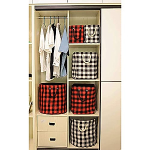 Round Collapsible Storage Organizer Bins Buffalo Checked Baskets with Woolen Fabric Kid's Pet's Toys and Accessory Storage Bins for Home Decor, White Black Grid, M