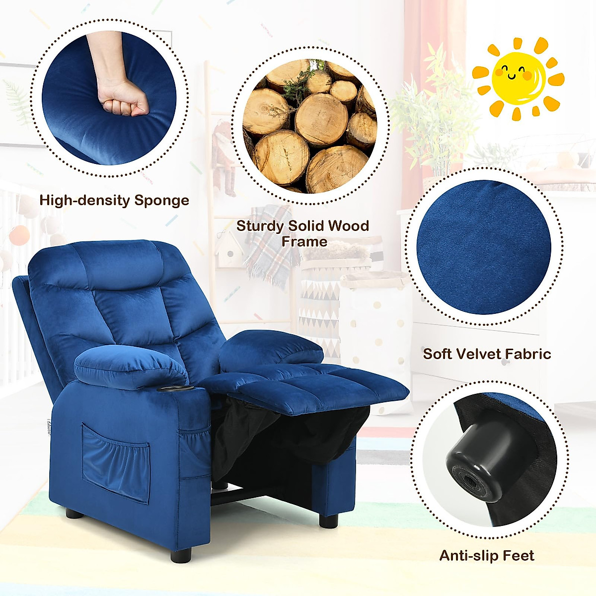 GLACER Kids Recliner, Velvet Adjustable Baby Recliner w/Cup Holder, Footrest, Lumbar Support, Armrests, Side Pockets, Kids Recliner Chairs for Toddlers for Boys Girls Age 3+, Toddler Recliner (Blue)