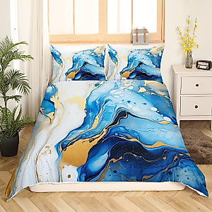 Feelyou Queen Size Watercolor Marble Duvet Cover Blue Gold Bedding Set for Kids Boys Girls Teens Toddler Abstract Marble Comforter Cover Set Marble Art Bedspread Cover 3Pcs Zipper