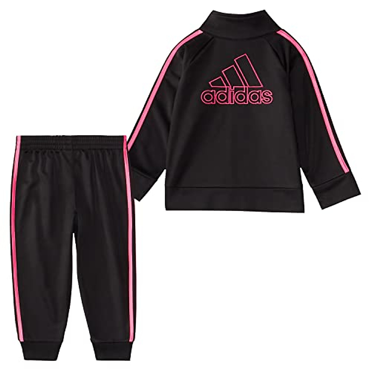 adidas Girls Zip Front Classic Tricot Jacket and Joggers Set, Black with Pink, 24 Months