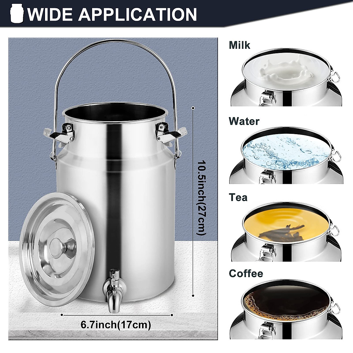 YMJOINMX 304 Stainless Steel Milk Can with Spigot 1.3 Gallon 5 Liter Metal Water Beverage Drink Dispenser Milk Pail Bucket for Milk Wine Oil