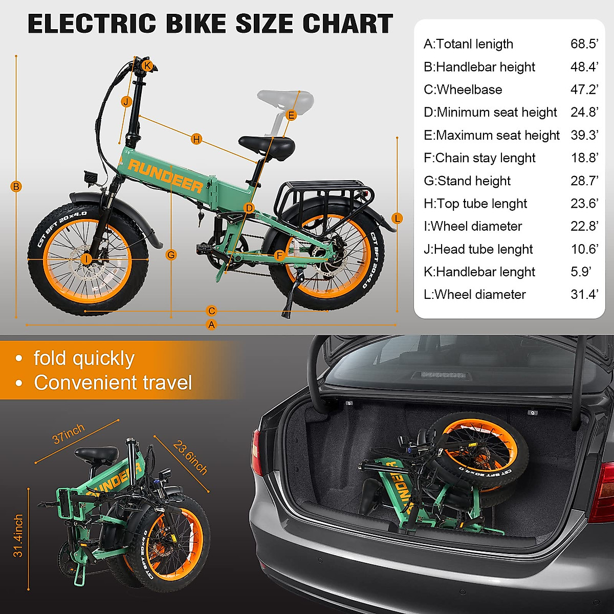 RUNDEER 750W Adult Electric Bicycle, 20 inch Fat tire Aluminum Frame, Maximum Speed of 32 Miles per Hour with Samsung High Performance Batteries 48V Front and Rear Shocks Absorption（Green）