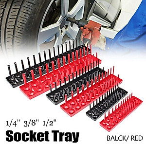 6PCS Socket Organizer Tray Set, Red SAE & Black Metric Socket Storage Holder, 1/4-Inch, 3/8-Inch & 1/2-Inch Drive Deep and Shadow Socket Holders for Toolboxes