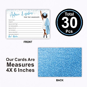 Tabyon 30 Advice & Wishes Cards For The Graduation - Blue Grad Girl - Confetti Double-Sided Fill In Style Advice Cards For High School, College, University, Party Favor, Decorations & Supplies-B04