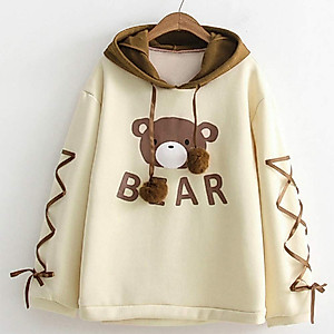 Blouse for Women Long Sleeve Kimloog Women Wear A Bear Cap Top Long Sleeve With A Ribbon Hair Ball Cute Sweater 2XL [video game] [video game]