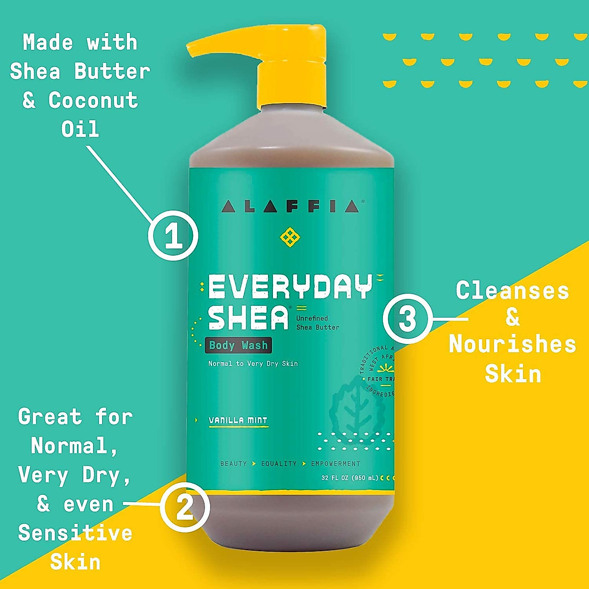 Alaffia Everyday Shea Body Wash, Naturally Helps Moisturize and Cleanse Without Stripping Natural Oils with Fair Trade Shea Butter, Neem, and Coconut Oil, Vanilla Mint, 2 Pack - 16 Fl Oz Ea