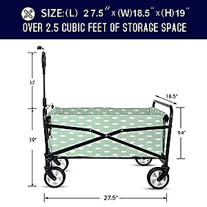 Collapsible Wagon Cart Seamless White Polka dots Mint Foldable Utility Wagon Large Capacity Garden Cart with Push Bar for Beach Camp Outdoor Shopping